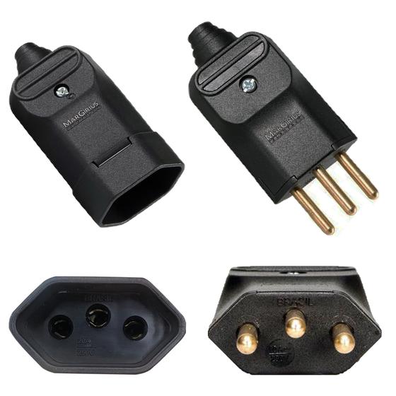 10 Plug Plugue Macho 10a + 10 Tomada Fêmea 3 Pinos 20a Preto Prensa ...