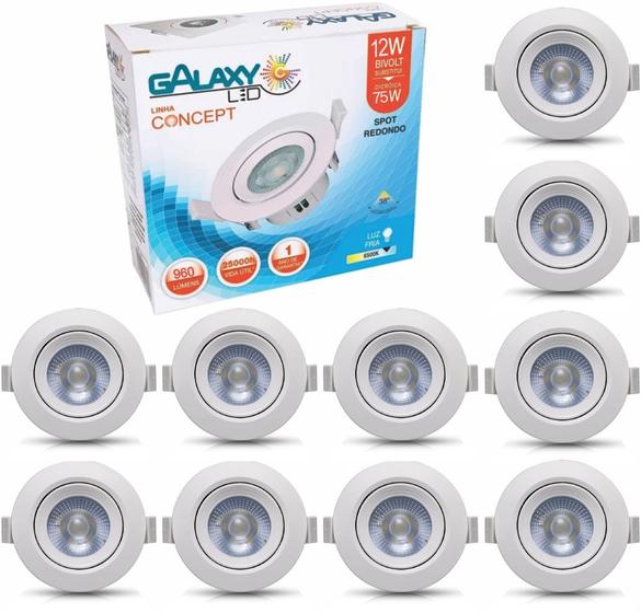 10 Spot Led 12W Direcional Redondo Branco Frio 6500k Bivolt - Galaxy ...