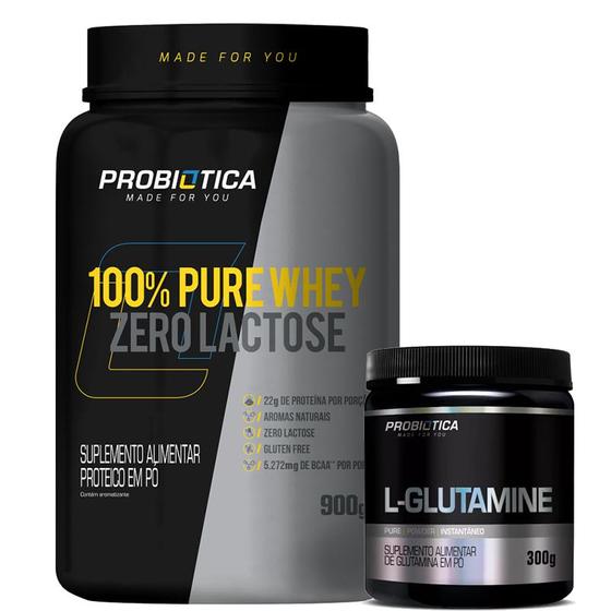 100 Pure Whey Zero Lactose 900g Glutamina 300g Probiótica Kit De