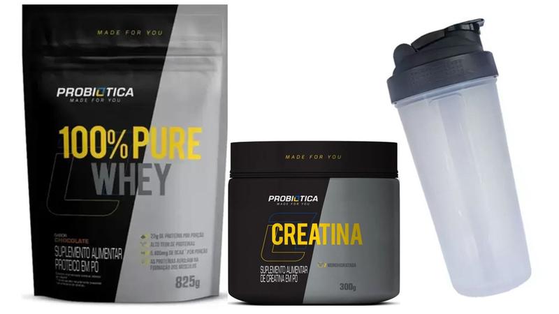 100 Whey Pure Refil 900g Creatina 300g Probiótica Coqueteleira