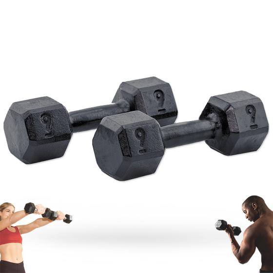 2 Halteres Sextavados 9 Kg Cada Dumbbell Par Pesos de Ferro Academia ...