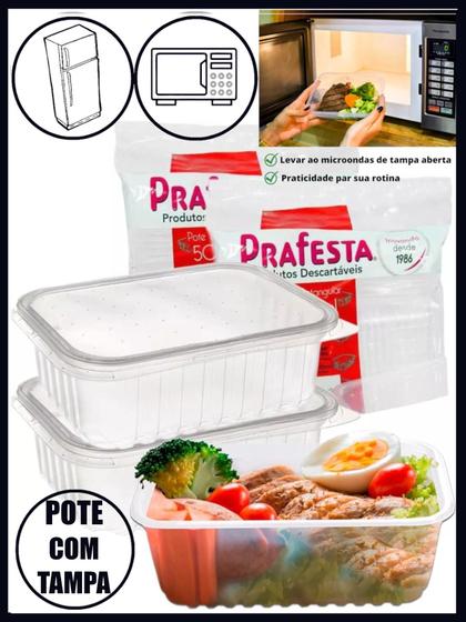 24 pote plastico descartável retangular alimentos marmita congelados tampa 500ml transparente ...