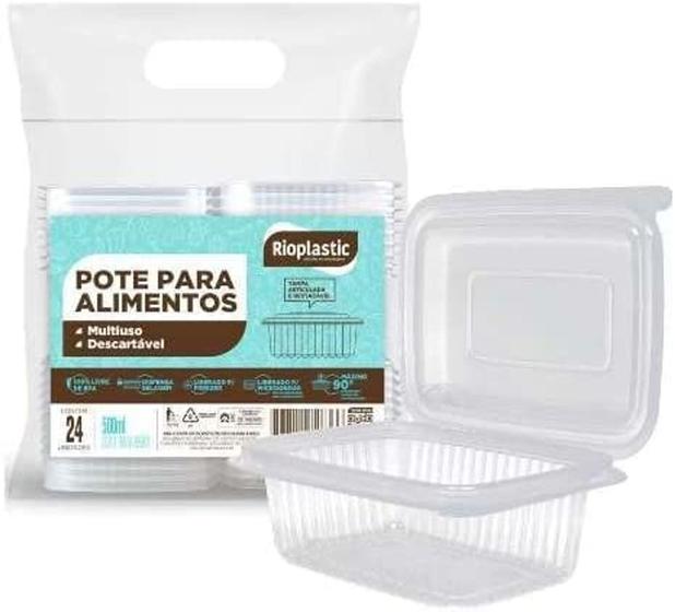 24 Un Pote Marmita Retangular Descartável Fitness Fit Freezer Microondas 500 ML Rioplastic ...