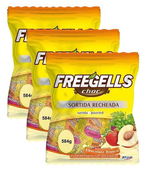 3 BALA DURA FREEGELLS Recheada Sabor Chocolate Branco 584g - Balas ...