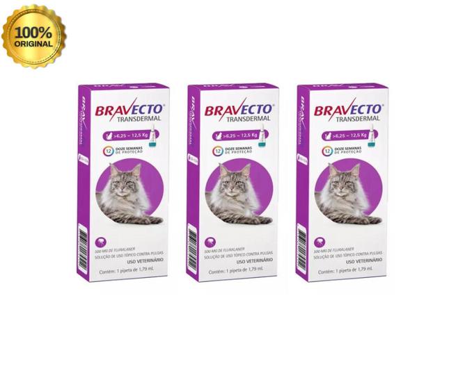 3 Bravecto Antipulgas e Carrapatos Transdermal Para Gatos De 6,25 a 12,5 kg - MSD - Antipulga e ...