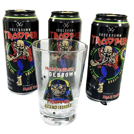 3 Cerveja Trooper Iron Maiden Ipa lata 473ml + Copo Aces High Caldereta ...
