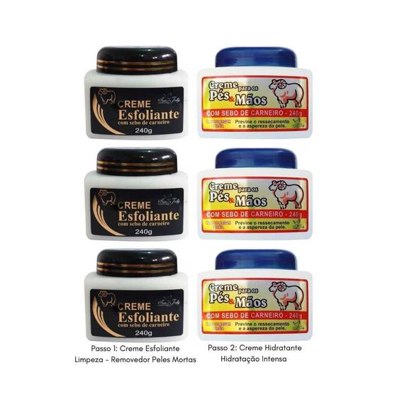 3 Creme Sebo De Carneiro + 3 Esfoliante Pote Corpo Pés Mãos - San Jully ...