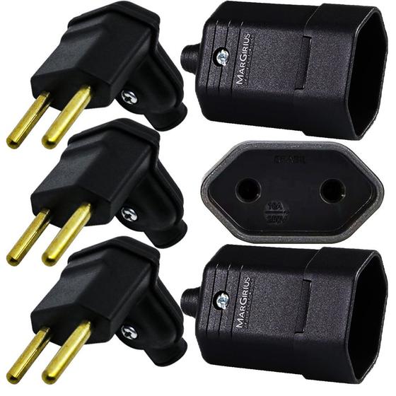 3 Plug Plugue Macho 2 Pinos 90 Graus + 3 Tomada Femea 10a Preto ...