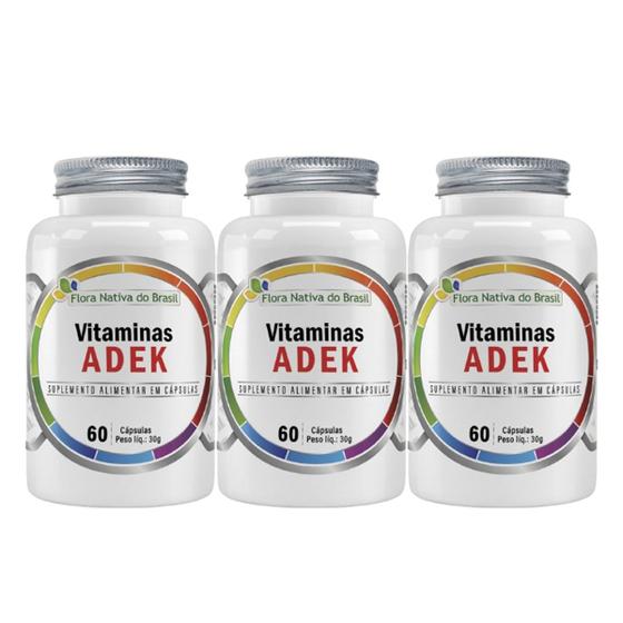 3x Complexo Vitaminas Adek A, D, E, K 180 Cápsulas 500mg - Flora nativa ...