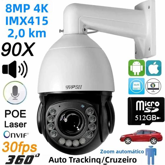 4K 30fps 8MP PTZ Câmera IP Hik Onvif Protocolo Laser Infravermelho ...