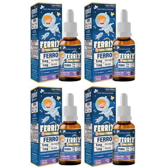 4x Ferrix Kids (Ferro 5mg/porção) 30ml Sabor Uva Flora Nativa ...