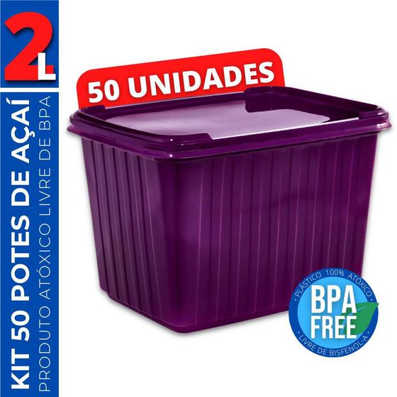 50 Potes Sorvete Açaí 2L Retangular Plástico Roxo c/ Tampa - BP POTES ...