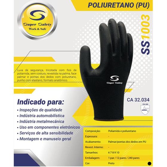 6 Luva Multitato Emborrachada Pu Mecanico Ss1003 Preto Super Safety ...