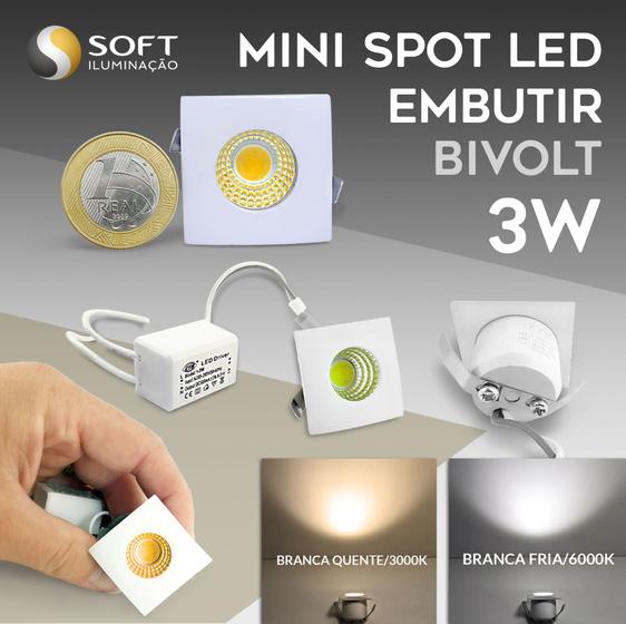 6 Mini Spot LED Embutir Quadrado 3W Bivolt Luz Branca Fria/6000k Nichos ...