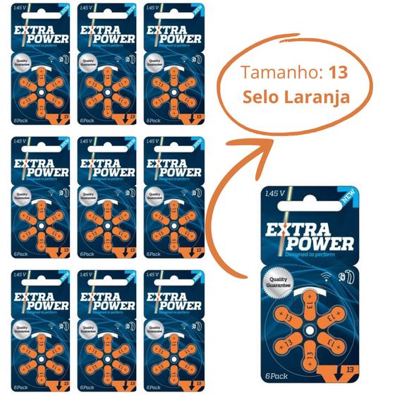 60 Pilhas/Baterias Extra Power para Aparelho Auditivo - tamanho 13 (selo LARANJA) - Acessórios ...