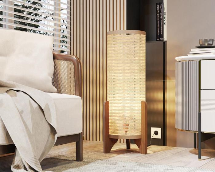 Abajur de Chão Pé de Madeira e Rattan Moderno Escandinavo - Anyben ...