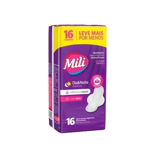 Absorvente Mili Dia e Noite Cobertura Suave 16 Unidades Fluxo Intenso ...