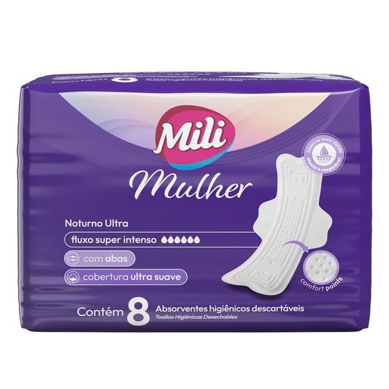 Absorvente Mili Mulher Noturno Discreto Fluxo Super Intenso Ultra Suave ...