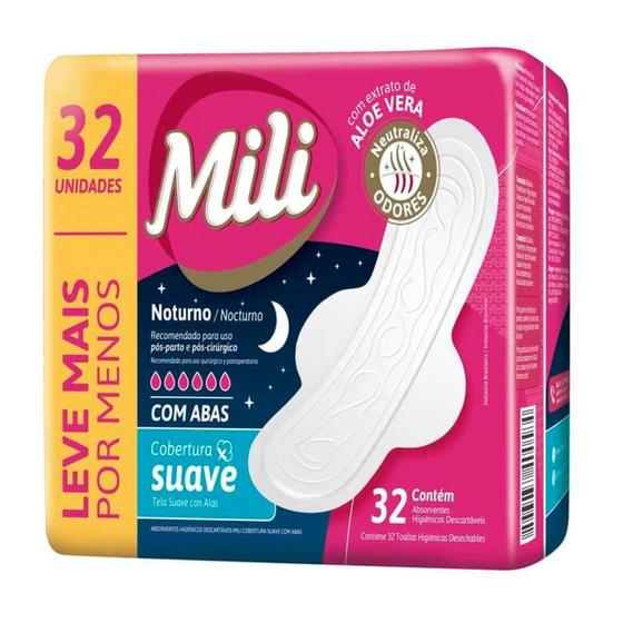 Absorvente Mili Noturno Com Abas Cobertura Suave Pós Parto Cirúrgico 32 ...