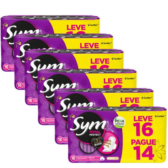 Absorvente Sym Suave Total Protect Com Abas - 6 Pacotes x 16 Unidades ...