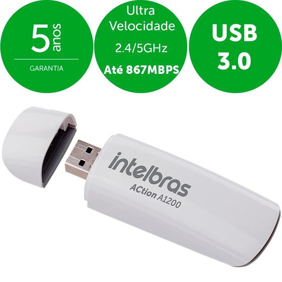 Adaptador Intelbras Usb Wireless Dual Band Action A1200 Mbps 2,4GHz e ...