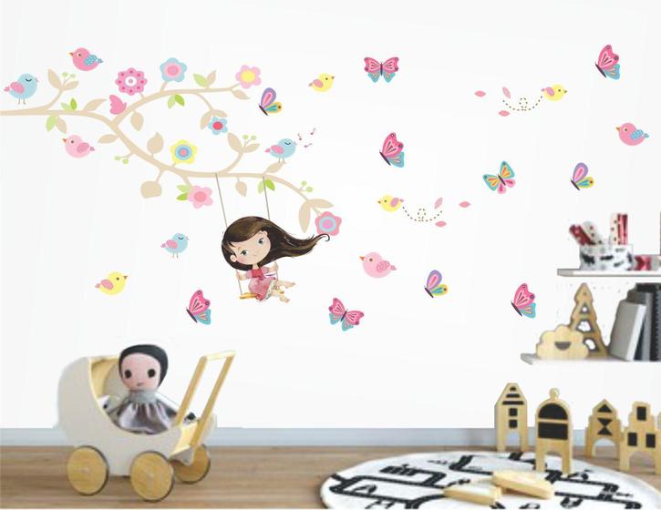 Adesivo De Parede Infantil Menina No Balanço Da Árvore - Colakoala ...