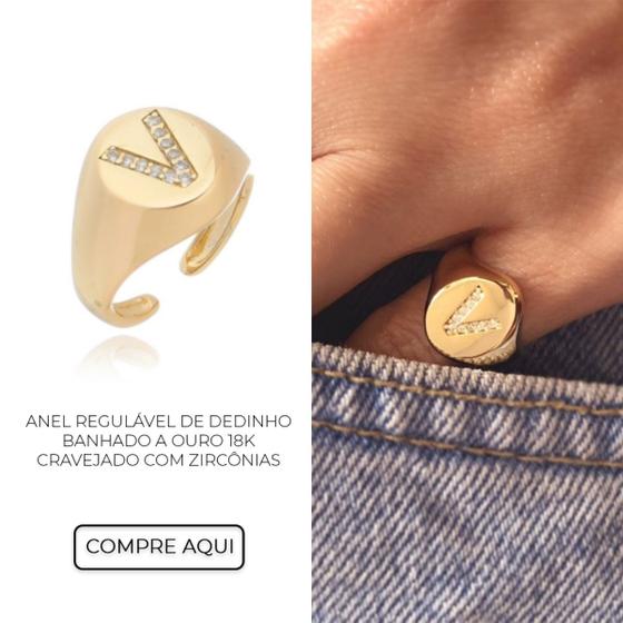 Anel de Letra cravejada Ajustável de Dedinho folheado a ouro ...