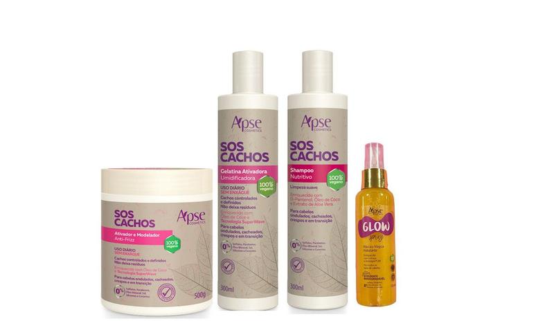 Apse Cachos Shampoo + Ativador Cachos + Gelatina + Glow Spray - Kit de Tratamento para Cabelos ...