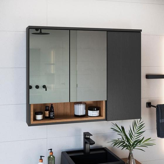 Armário de Banheiro com Espelho Cecília 3 PT Grafite e Mel - Modern ...