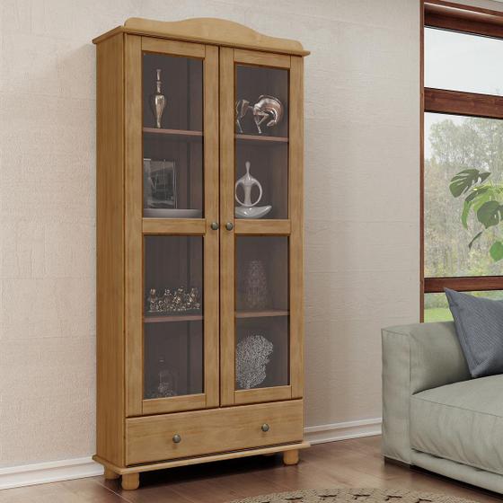 Armário Vitrine 2 Portas de Vidro Liso Incolor 1 Gaveta Freijó Rubi ...