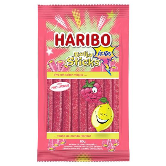 Bala de Gelatina Pink Lemonade Ácida Haribo Balla Sticks Pacote 80g ...
