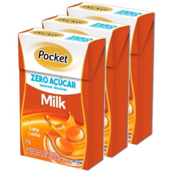 Bala Pocket Milk Zero Açúcar Leite Pacote contendo 3 sachês de 23g cada ...