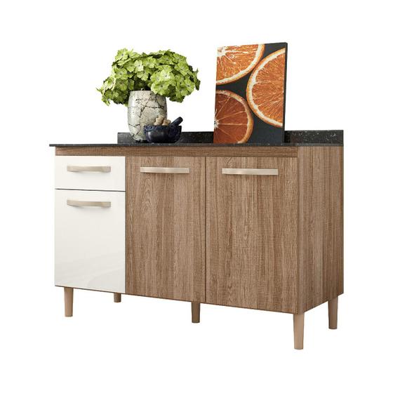 Balcão De Cozinha 3 Portas e 1 Gaveta 120cm Fit Com Tampo Cor Carvalho Rústico Off White Cristal ...