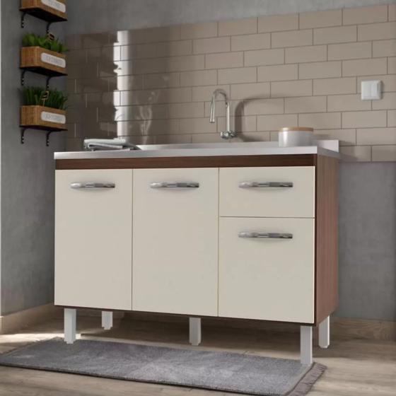 Balcão para pia de 120 sem tampo Gabinete Cozinha Marrom Off White ...