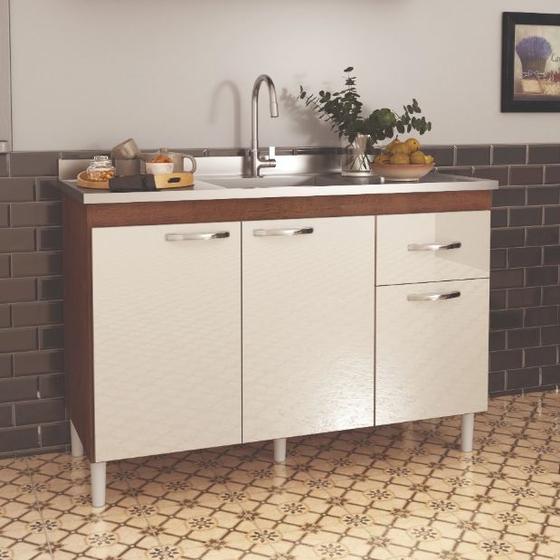 Balcão Plus Pia 120 Gabinete Armário Sem Tampo Off White Marrom - Lezza ...