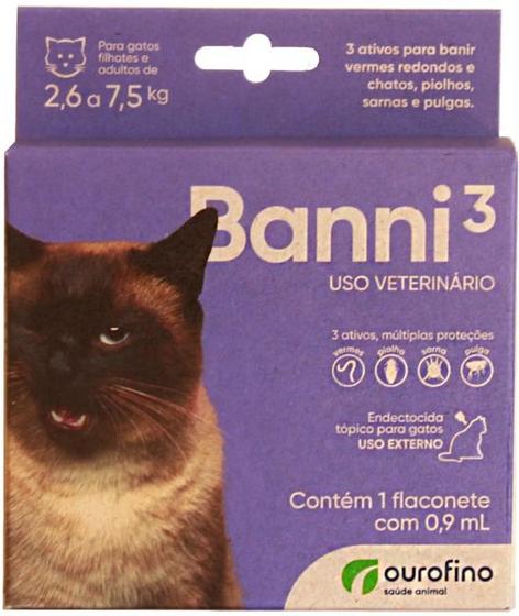 Banni 3 Gatos até 7,5kg 0,90ml Vermes Pulgas Sarna Piolho - OUROFINO - Antipulga e Carrapaticida ...