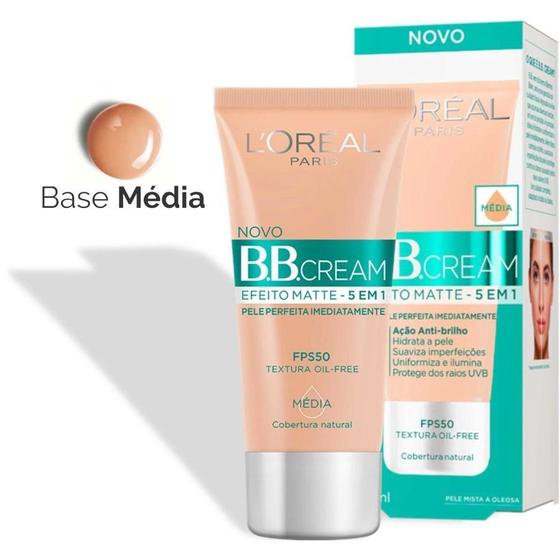 Base BB Cream Hidratante L'Oréal Paris Efeito Matte Cor Média FPS 50 ...