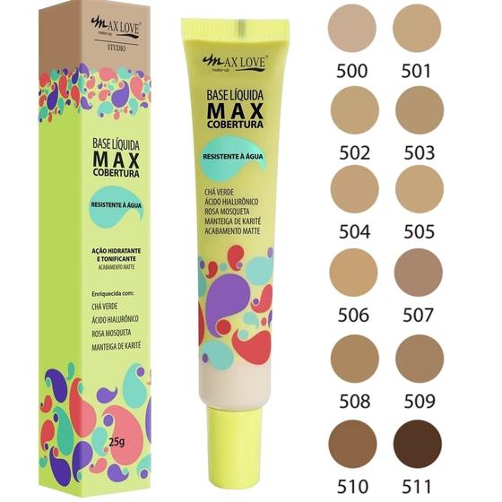 base liquida max cobertura Max Love Resistente a Agua Matte Acido Hialurônico e Rosa Mosqueta ...