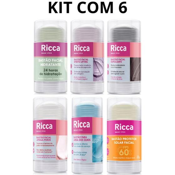 Bastão Facial Ricca Kit Completo com 6 Area Olhos Esfoliante Hidratante Apaga Poros Lifting ...