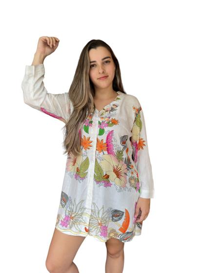 Bata Túnica Indiana Saída de Praia Chemise Aves e Flores Viscose 82 ...