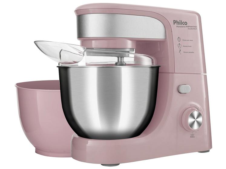 Batedeira Planetária Philco Rosa e Prata 500W - Turbo Inox Double Bowl PHP500 12 Velocidades ...