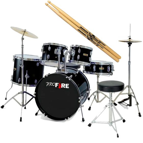 Bateria Spanking Pro Fire Preta Completa Bumbo 22 C/ Ferragem Cromada - Bateria e Percussão ...
