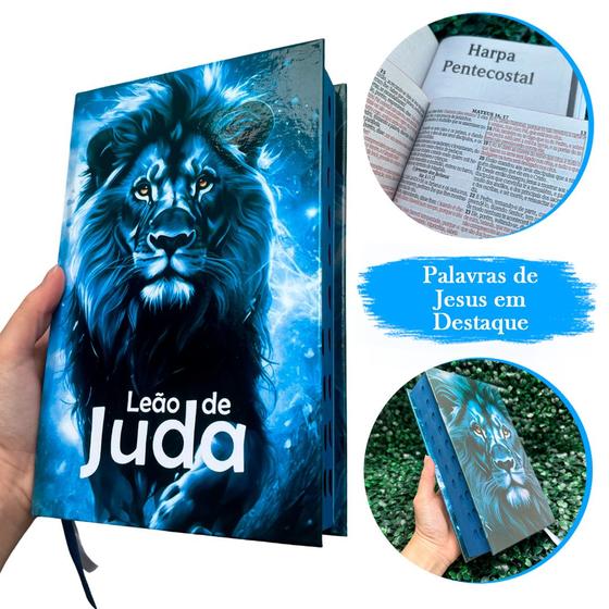 Bíblia Sagrada Leão de Judá Azul Edifica Letras Médias Com Harpa e Índice ARC Jovem Evangélica ...