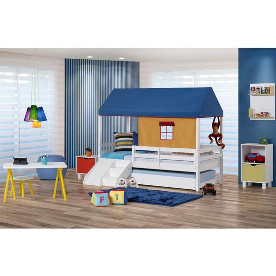 Bicama Infantil Prime com Grade De Proteção, Telhado Azul e Kit escada ...