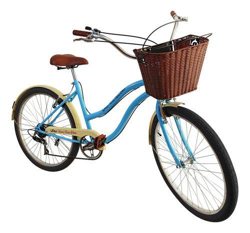 Bicicleta Aro 26 Retrô Vintage Com Cesta Vime Plast. 6v Azul - Maria ...