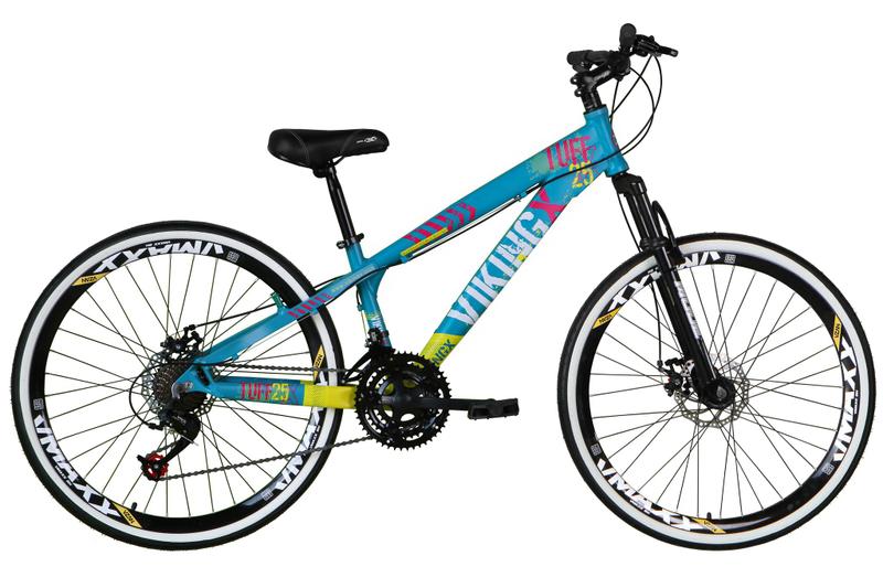 Bicicleta Aro 26 Vikingx Tuff Azul/Amarelo 21v Alumínio Câmbio Shimano Freio a Disco Aros Vmaxx ...