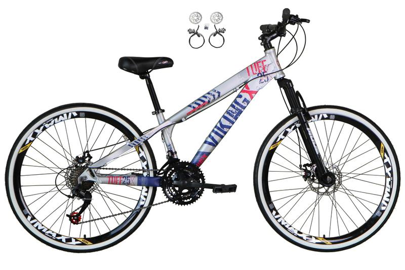 Bicicleta Aro 26 Vikingx Tuff Prata com Azul 21v Alumínio Freio Hidráulico a Disco Aros Vmaxx ...