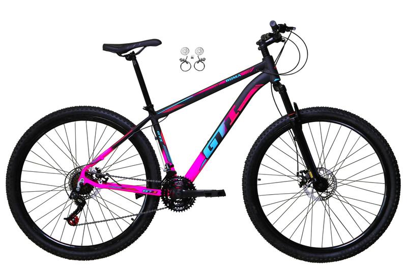 Bicicleta Aro 29 Gti Roma 21v Freio a Disco Hidráulico Alumínio Garfo Suspensão - Preto/Rosa ...