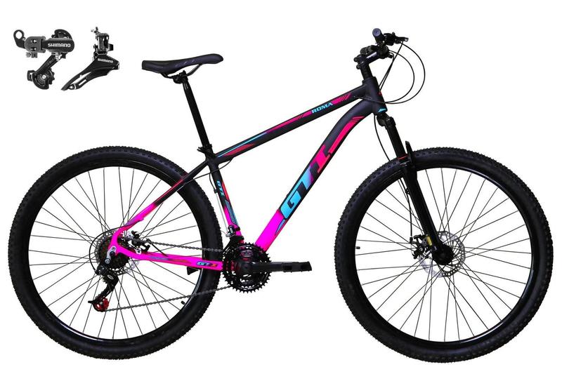 Bicicleta Aro 29 Gti Roma Alumínio 21v Câmbios Shimano Freio a Disco - Preto/Rosa - Bicicleta ...