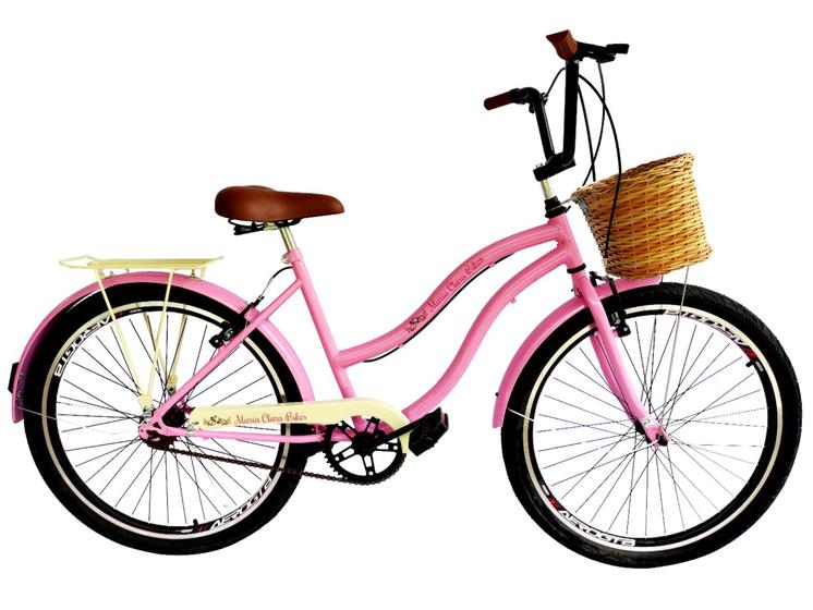 Bicicleta feminina aro 26 com cesta tipo vime s/ marcha rosa - Maria ...